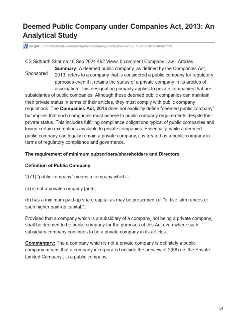 Deemed Public Company Under Companies Act 2013 An Analytical Study | PDF