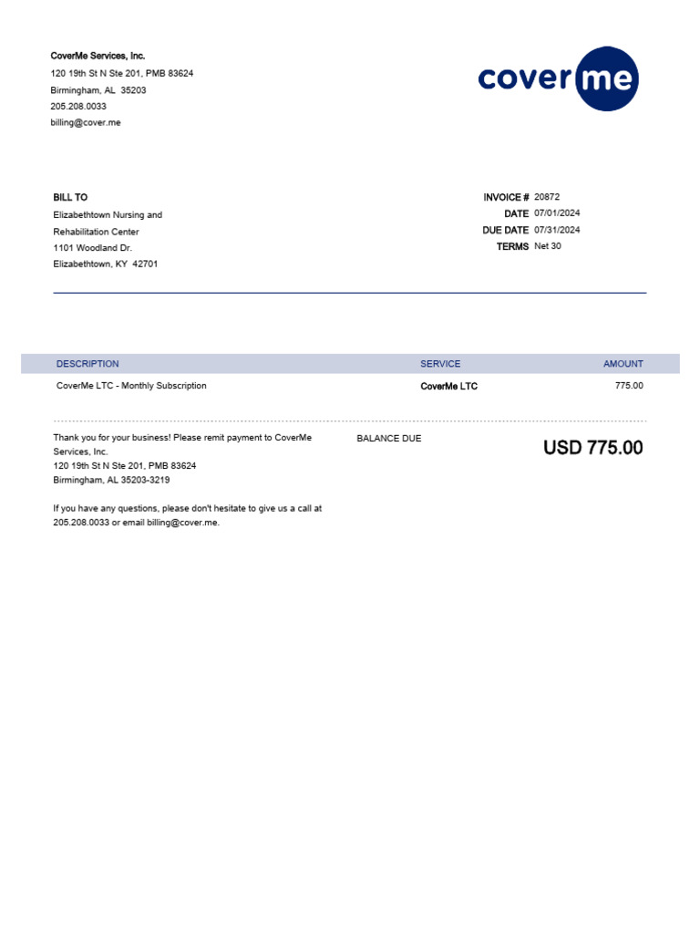 Coverme Services, Inc.: Description Service Amount | PDF