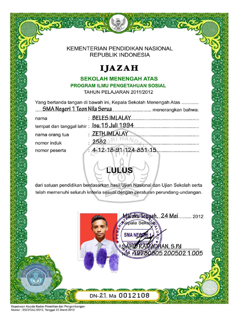 Ijazah Sma Ips Beles Imlalay 2012 | PDF