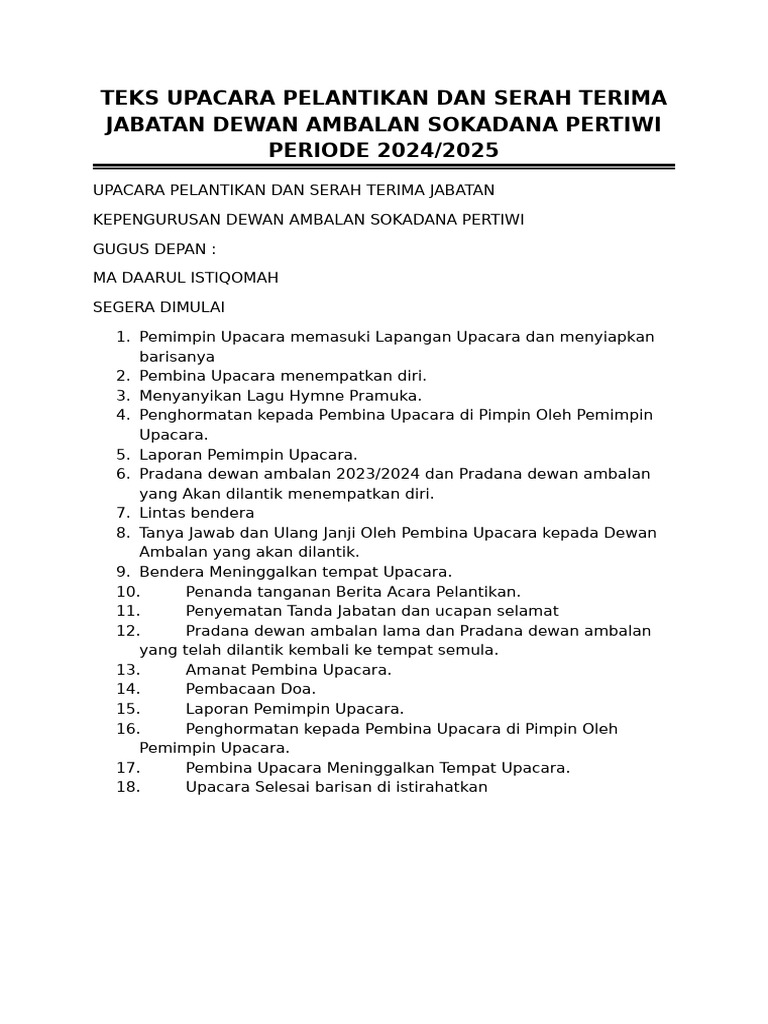 Protokol Upacara Pelantikan Dan Serah Terima Jabatan Dewan Ambalan | PDF Protokol Upacara Pelantikan Dan Serah Terima Jabatan Dewan Ambalan | PDF
