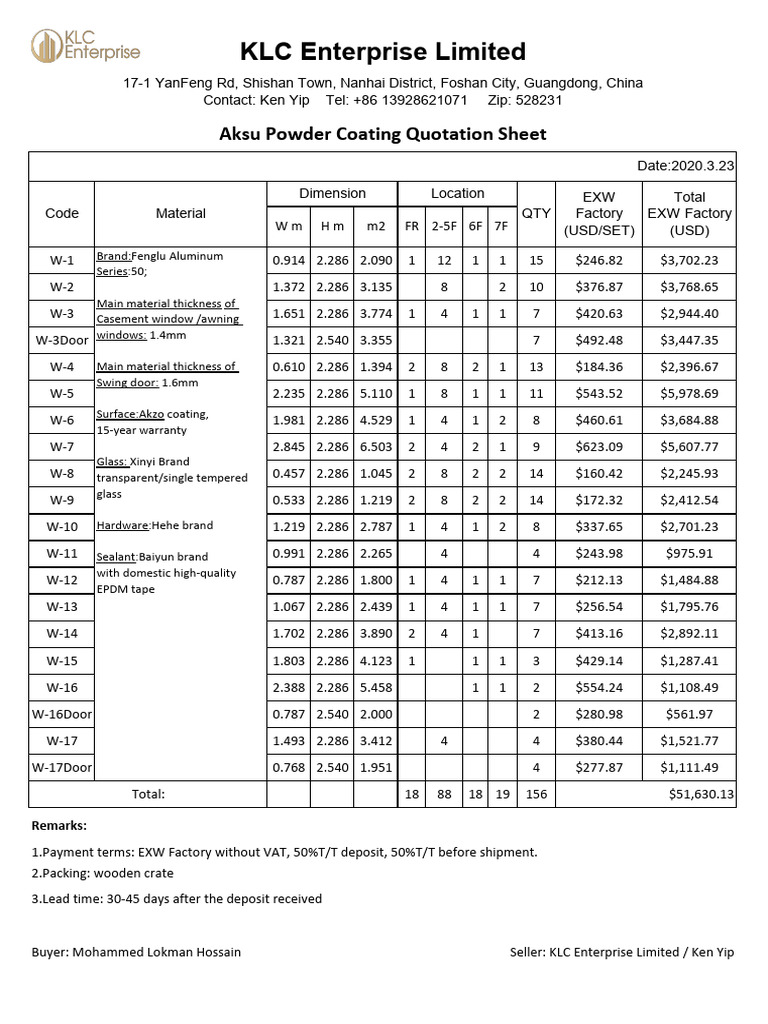 KLC Enterprise Limited - Regular color for Aksu powder coating quotation | PDF
