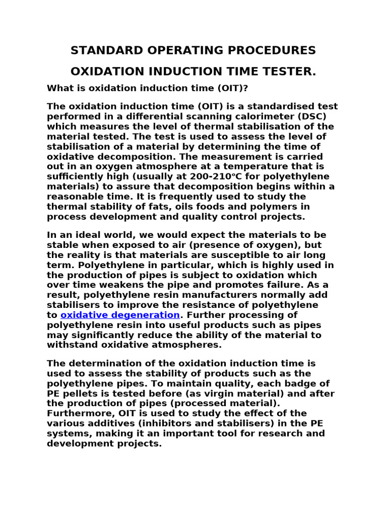 S.O.P On Oxidation - Induction Time Tester | PDF