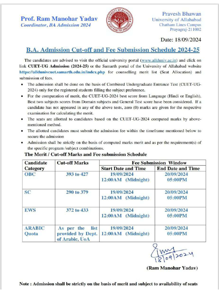 B.A. Admission Cut-Off and Fee Submission Schedule | PDF