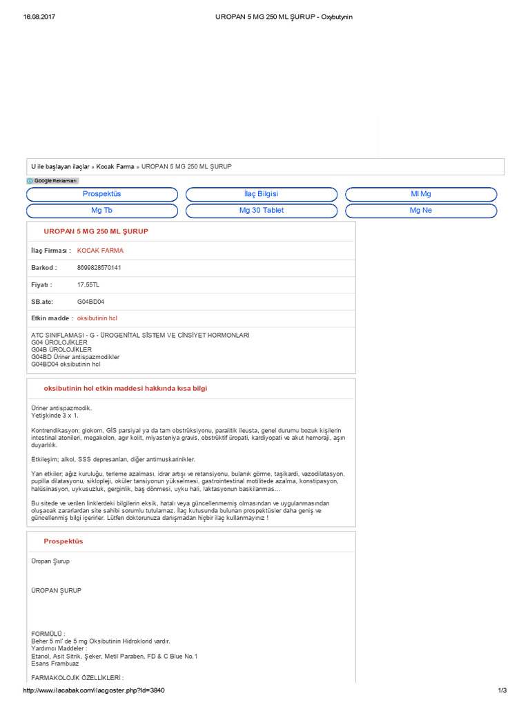 UROPAN 5 MG 250 ML ŞURUP - Oxybutynin | PDF