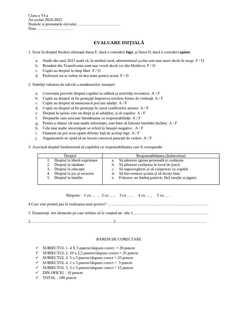 0 Test Initial Clasa A 6 A | PDF