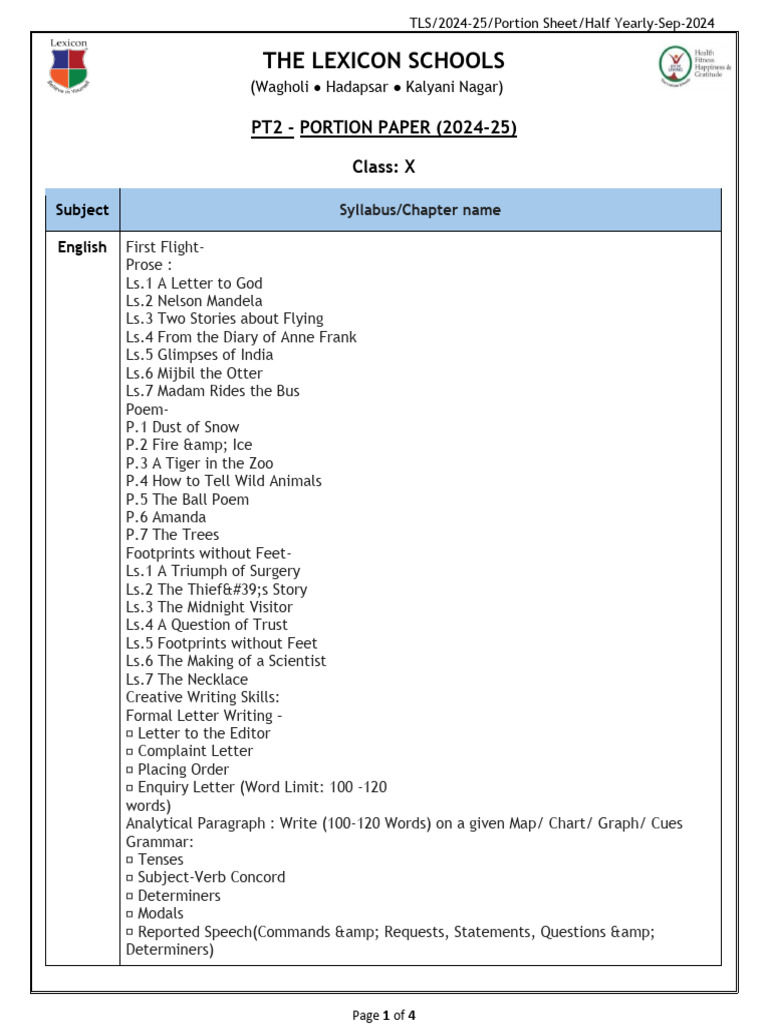 10 - TLS - Class-X - PT2 - Portion Paper - 2024-25 | PDF