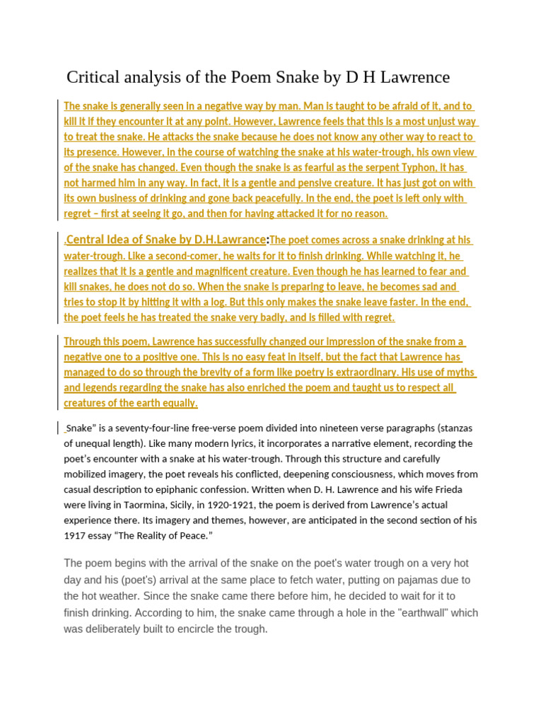Critical Analysis of The Poem Snake by D H Lawrence | PDF