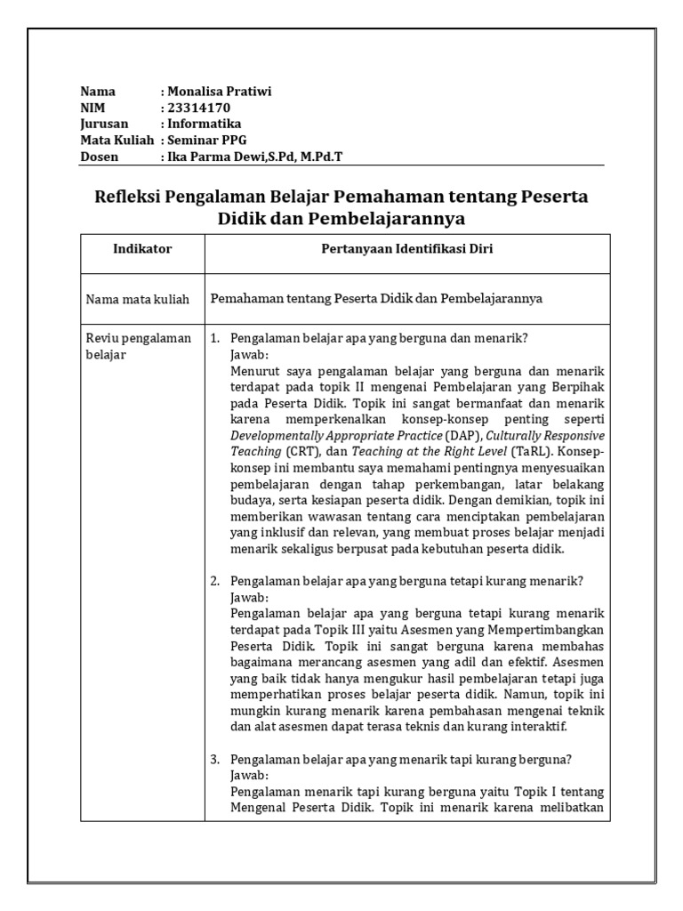 LK2-Format Refleksi Pengalaman Belajar PPDP | PDF