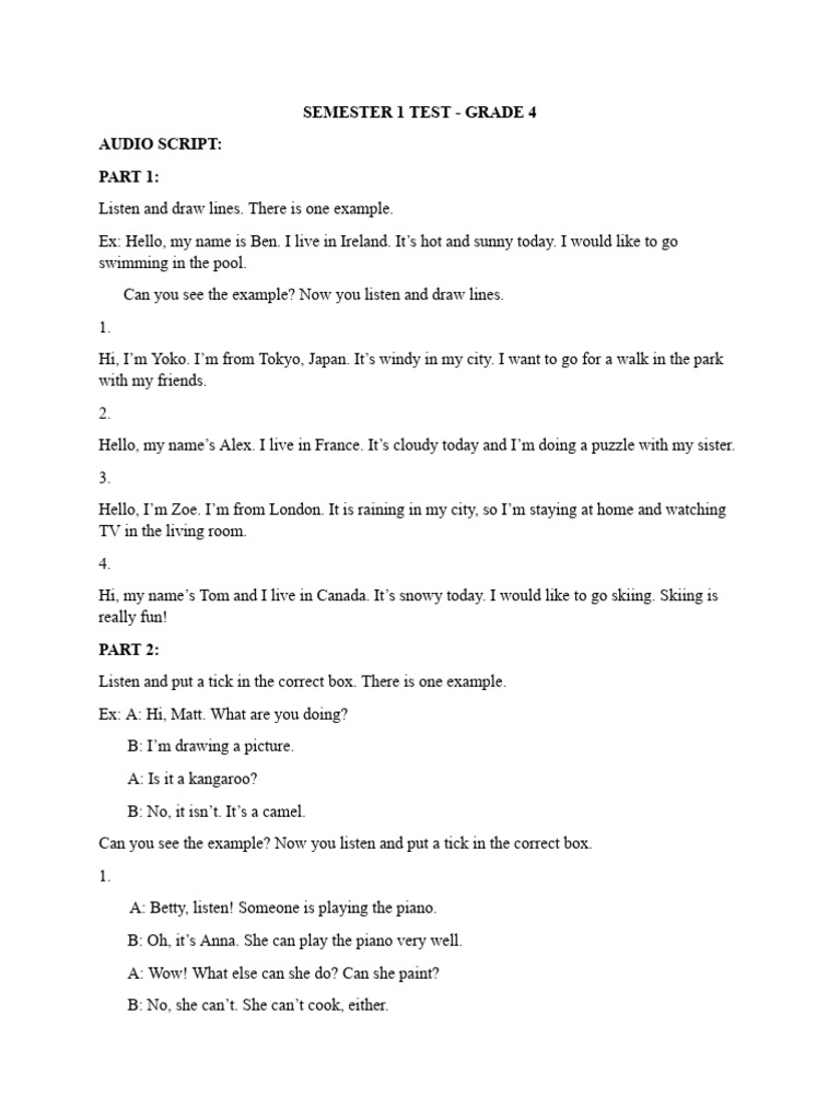 De KT Semester 1 - Tieng Anh 4 I-Learn Smart Start - Audio Script | PDF