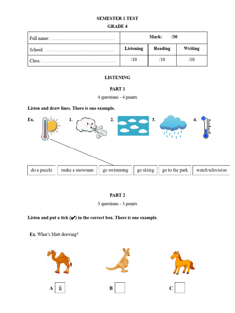 De KT Semester 1 - Tieng Anh 4 I-Learn Smart Start | PDF