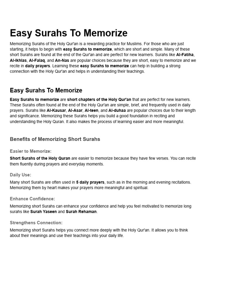 Easy Surahs To Memorize | PDF | Surah | Quran