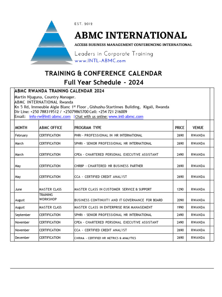 Abmc International Training & Conference Calendar 2024 | PDF