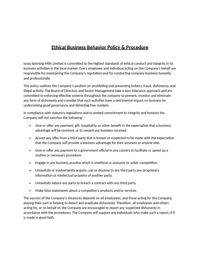 Ethical Business Behavior Policy | PDF