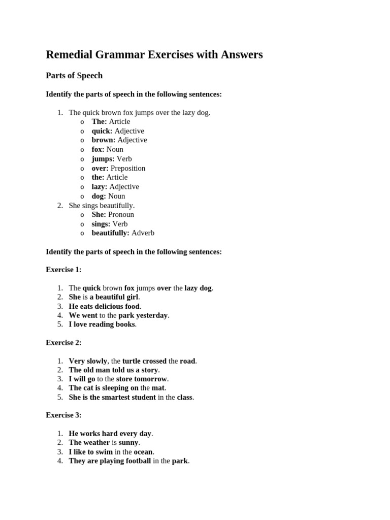 Remedial Grammar Exercises With Answers | PDF