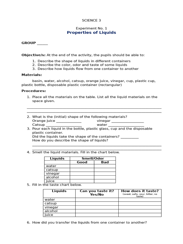 Science 3 Liquid Experiment No. 1 | PDF | Taste | Ketchup