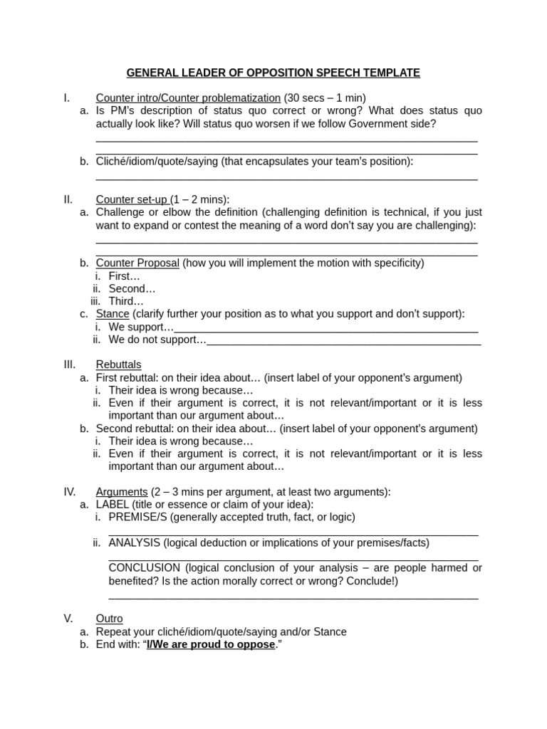 General Leader of Opposition Speech Template | PDF