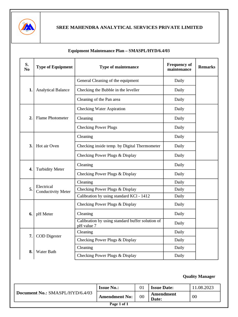 Equipment Maintenance Plan | PDF | Metrology | Analytical Chemistry