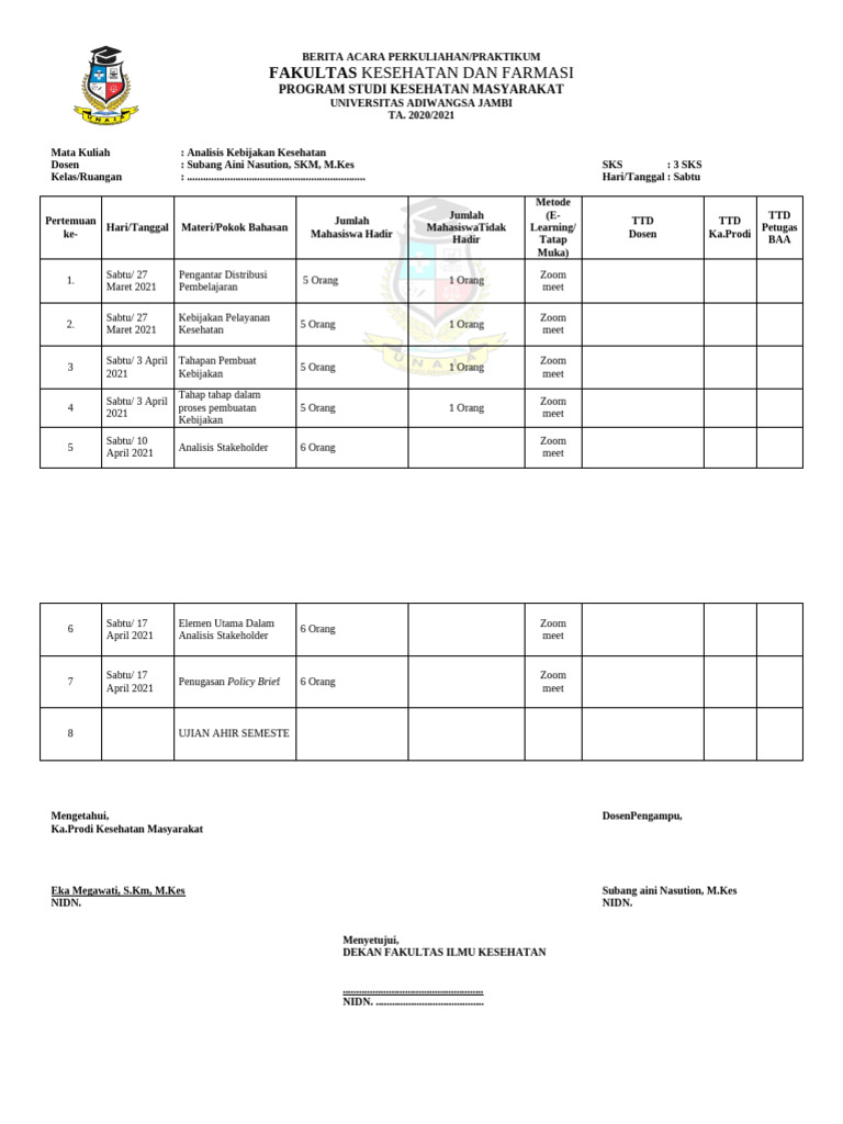 Form Berita Acara Perkuliahan Prodi 2020-2021 | PDF