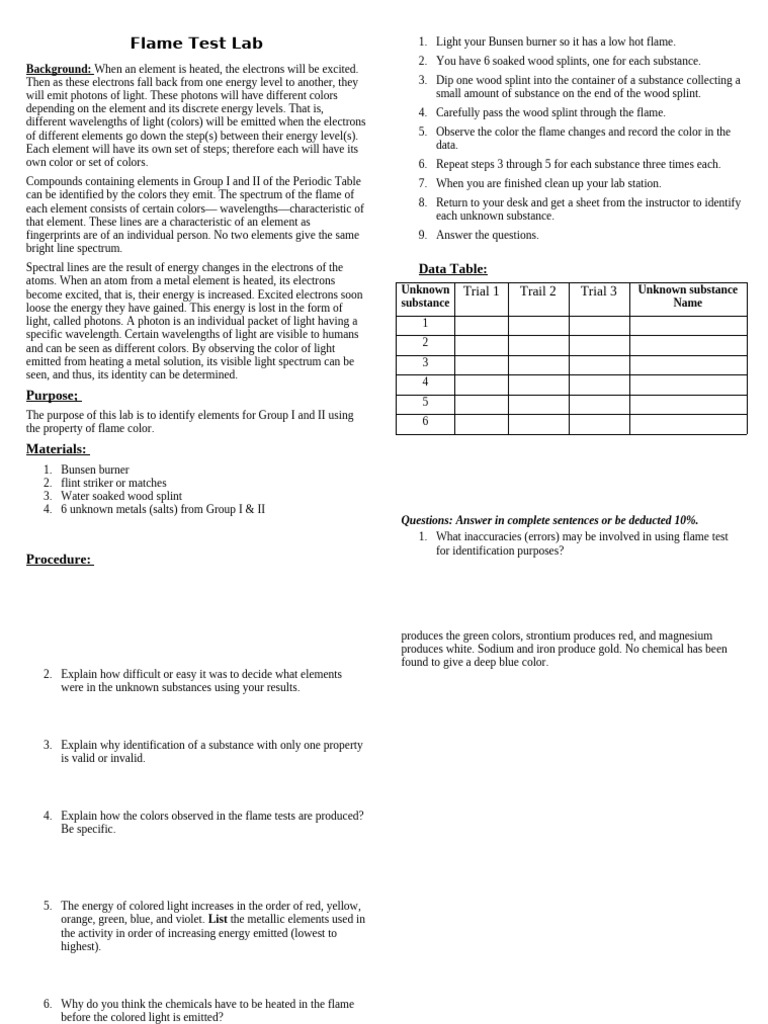 Student Handout Flame Test | PDF