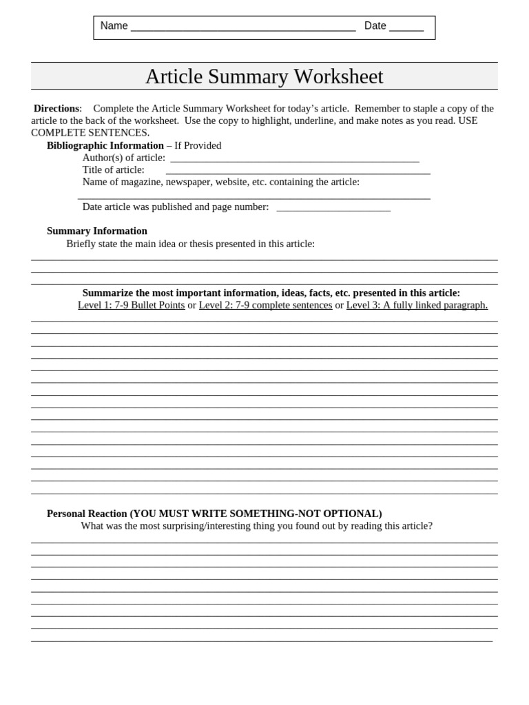 Article Summary Worksheet | PDF