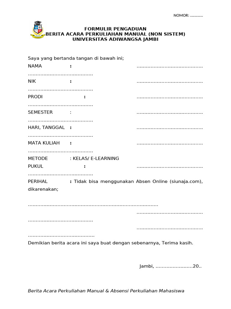Form Berita Acara Absen Manual & Lampiran Absen | PDF