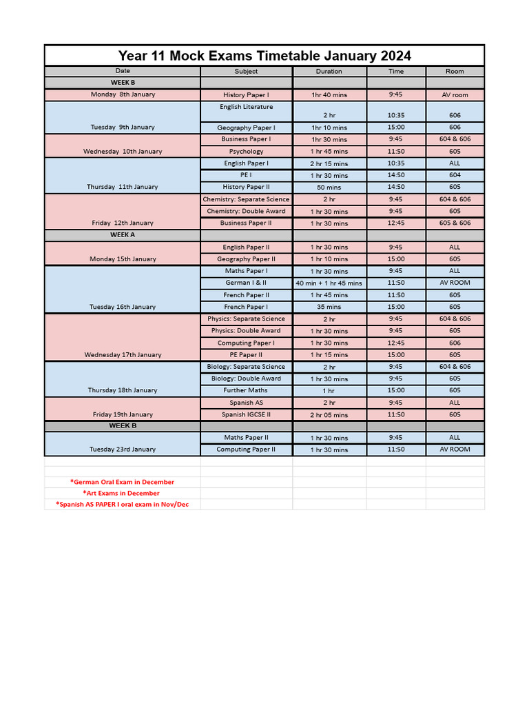 Year 11 Mock Exam Timetable Jan 2024 | PDF