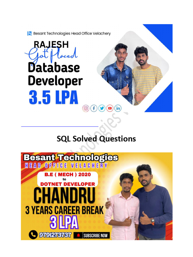 SQL Solved Questions For Interview Velachery Head Office | PDF