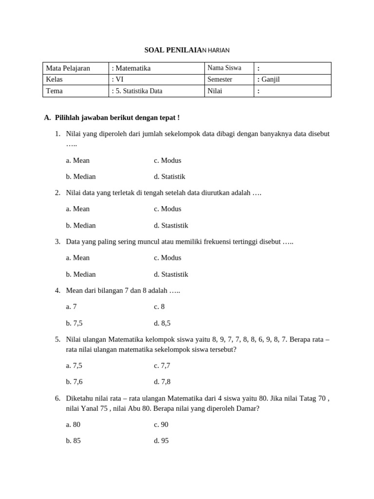 Soal PH MTK Kelas 6 Pembelajaran 5 | PDF