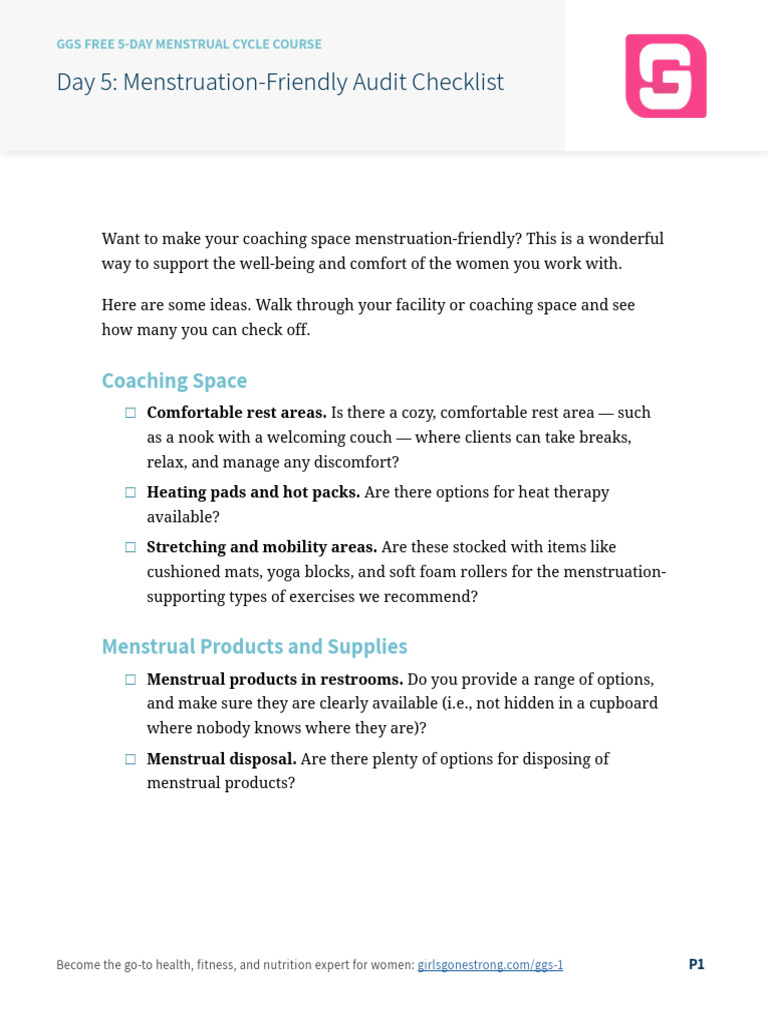GGSMenstrualCycleCourse Day5 Menstruation-FriendlyAuditChecklist | PDF