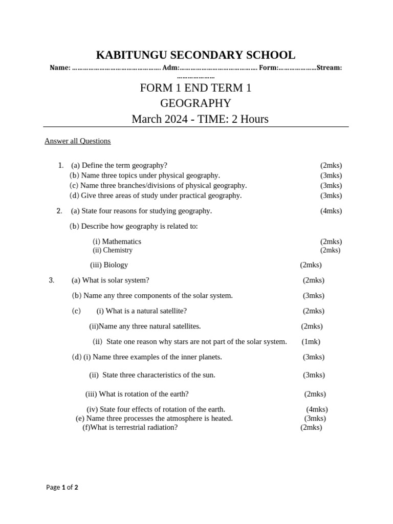 2024 Form - 1 - Geography - Question - Paper | PDF