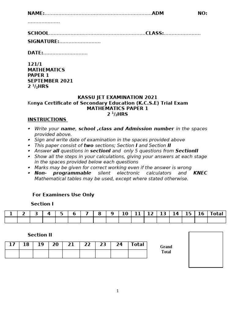Mathematics Paper 1 Questions | PDF