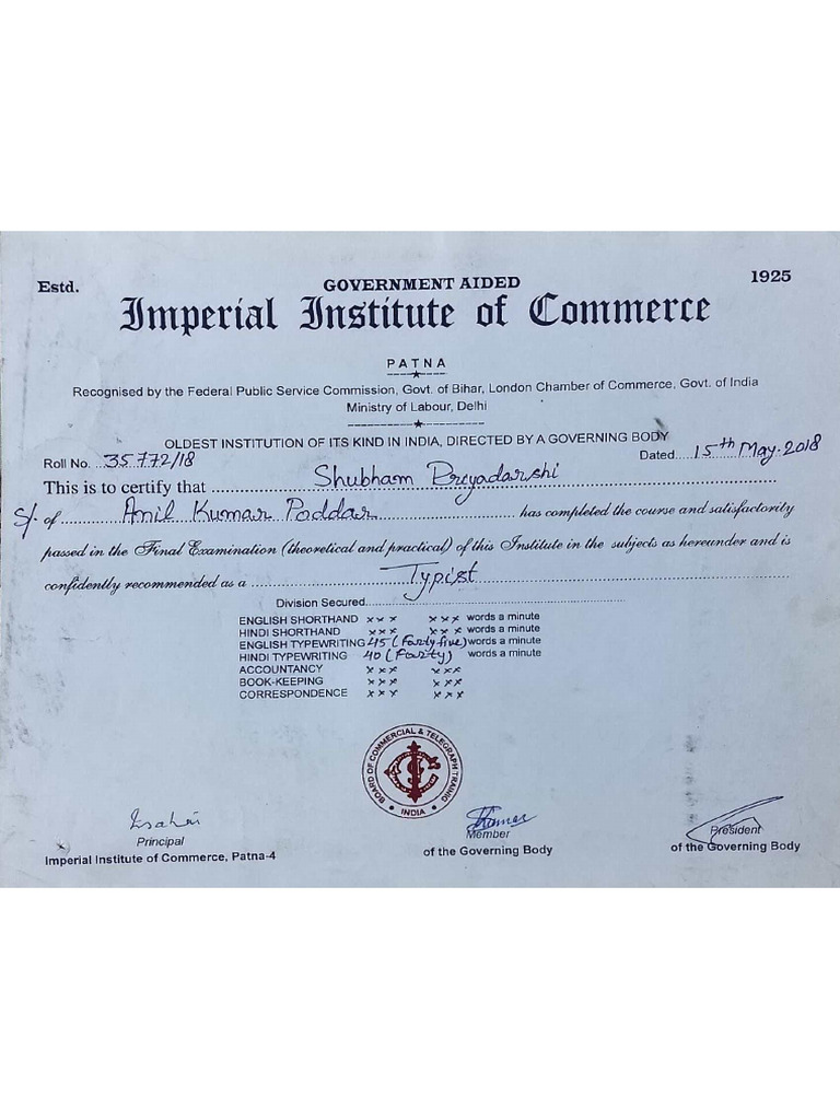 English and Hindi Typing Certificate | PDF