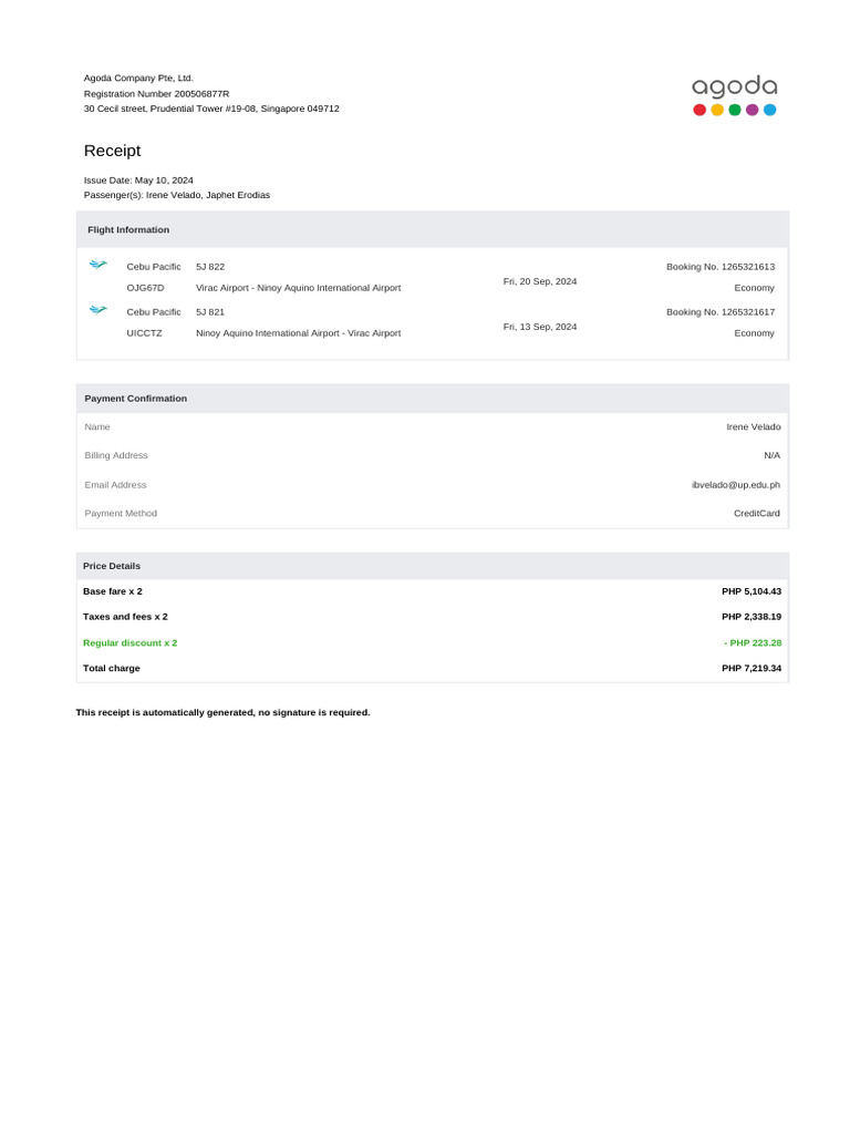 Agoda Booking ID 1265321617 1265321613 Receipt | PDF