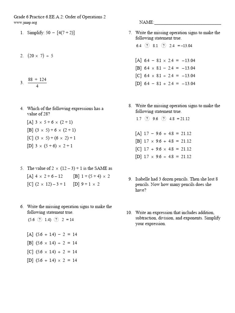6.EE.A.2. Order of Operations 2 | PDF