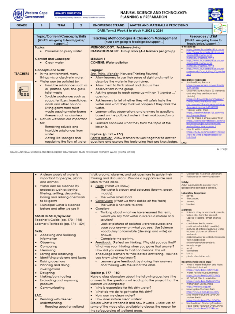 Lesson Plan Gr. 6 Natural Sciences and Technology T2 W8-W9 | PDF