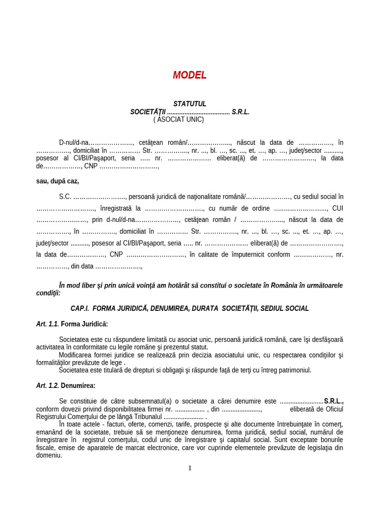 Model Act Constitutiv SRL Cu Un Asociat | PDF