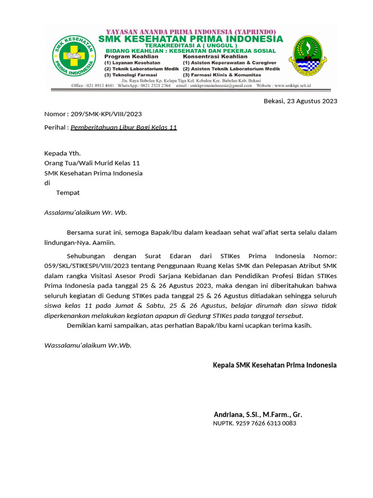 Surat Pemberitahuan Libur | PDF