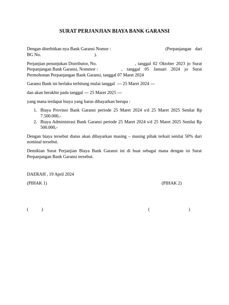 SURAT PERJANJIAN BIAYA BANK GARANSI | PDF