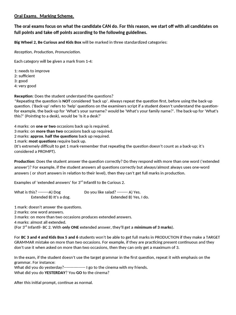 Oral Exams Marking Scheme Pdf