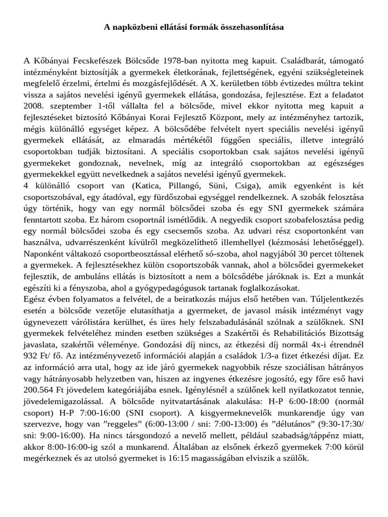 A Napközbeni Ellátási Formák Összehasonlítása Dolgozat | PDF A Napközbeni Ellátási Formák Összehasonlítása Dolgozat | PDF