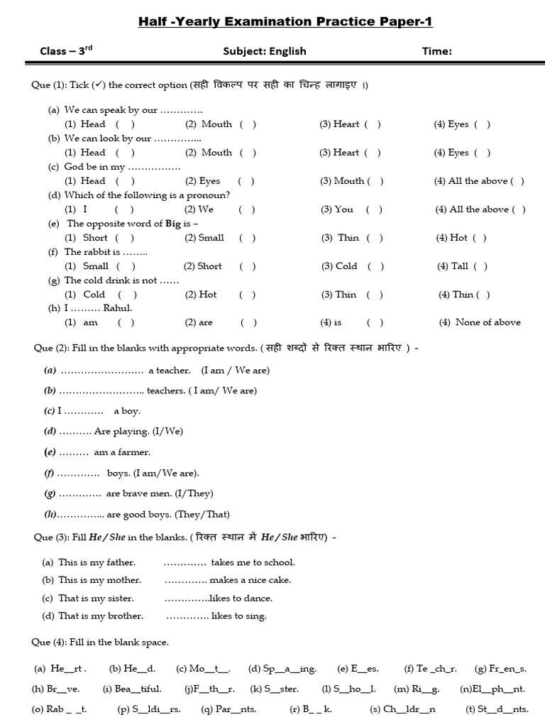Class 3rd English Paper-1 | PDF