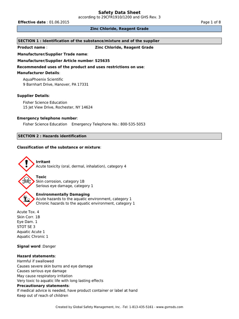 Msds Zinc Chloride | PDF