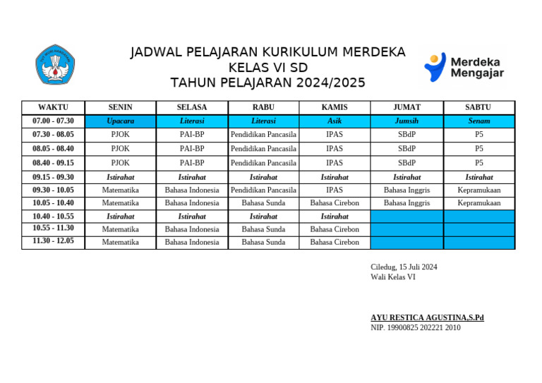 Jadwal Pelajaran Kelas 6 Kurikulum Merdeka - WWW - Kherysuryawan.id | PDF