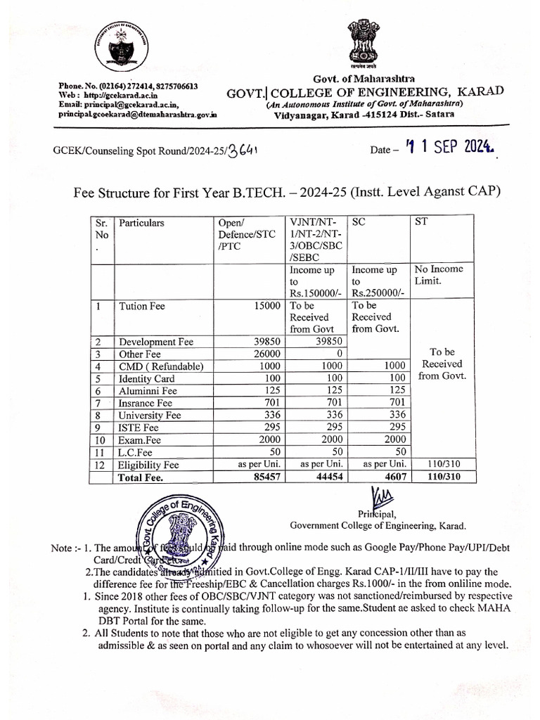 BTech Spot Fee Structure | PDF