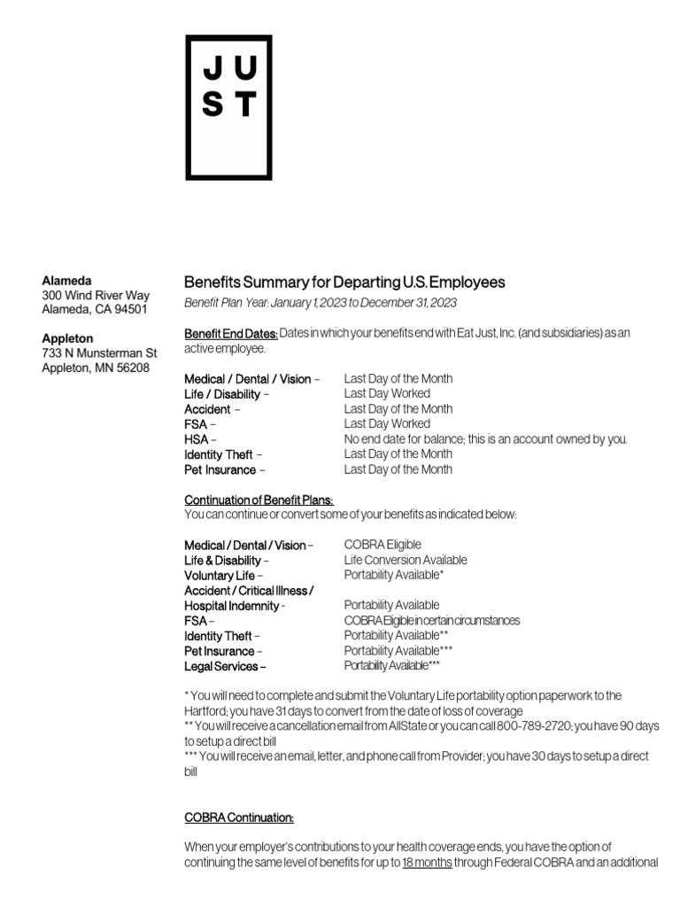 Eat Just Benefits Separation Summary 2023 | PDF