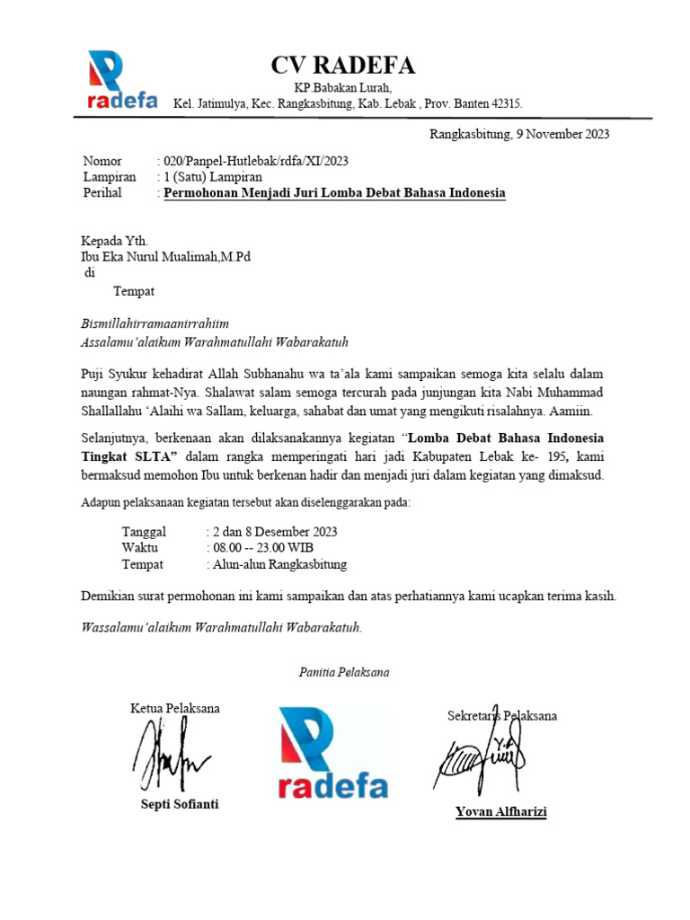 Permohonan Menjadi Juri Ibu Eka Nurul Mualimah, M.PD | PDF