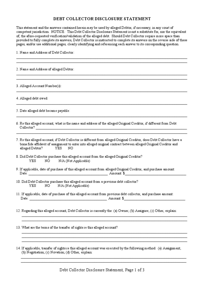Debt Collector Disclosure Statement | Collection Agency | Assignment (Law)
