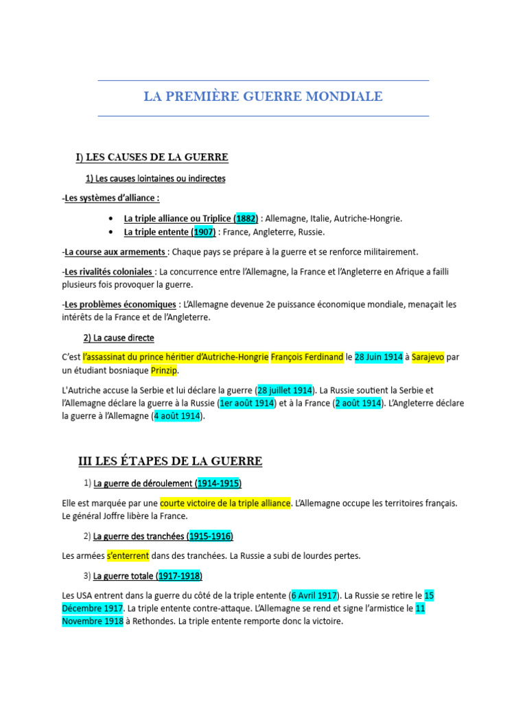 Causes et conséquences de la Première Guerre Mondiale | PDF | Première ...