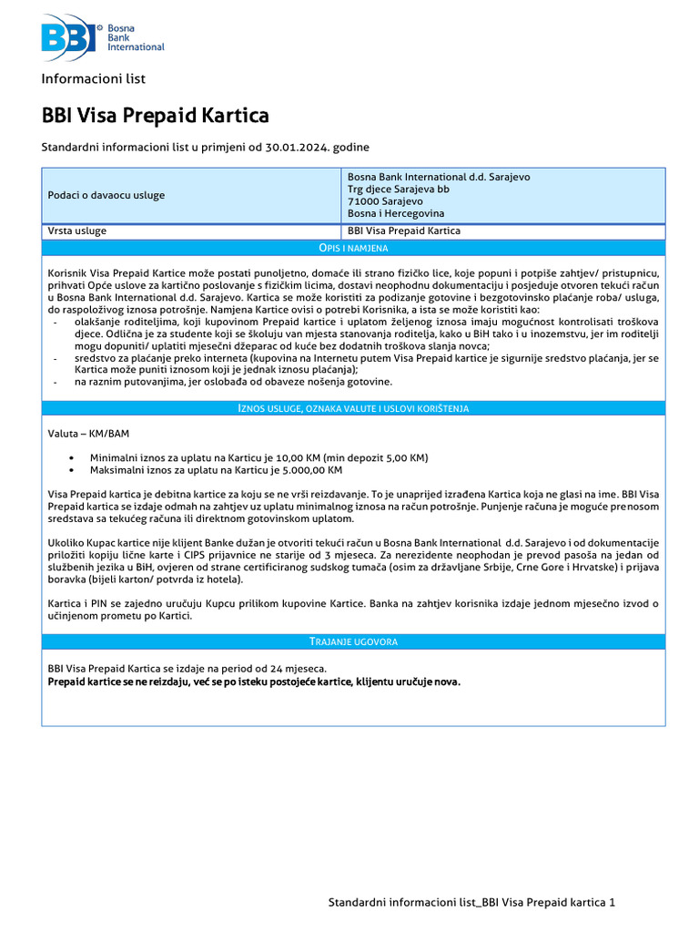 BBI Banka - Info List Visa Prepaid Kartica - U Primjeni Od 30 01 2024 | PDF