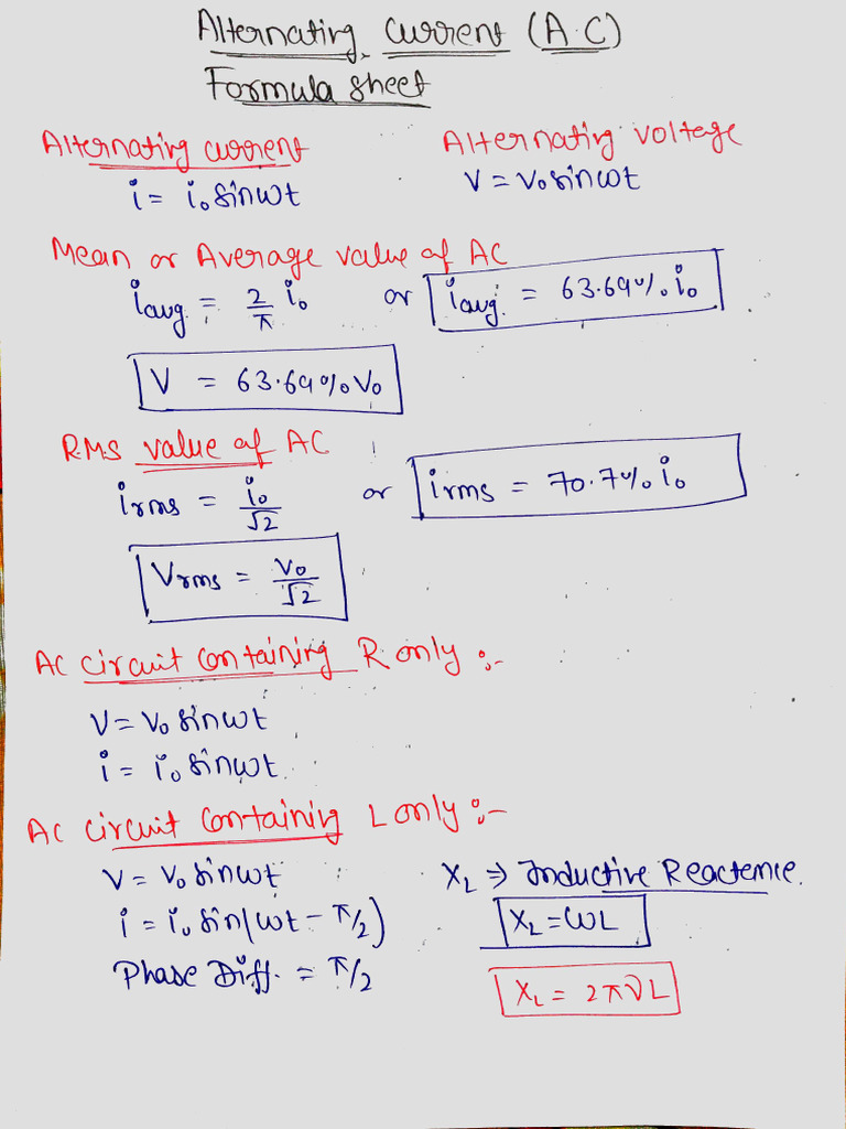 Alternating Current Ac Class 12 Physics Formula Sheet by Sykophysics | PDF